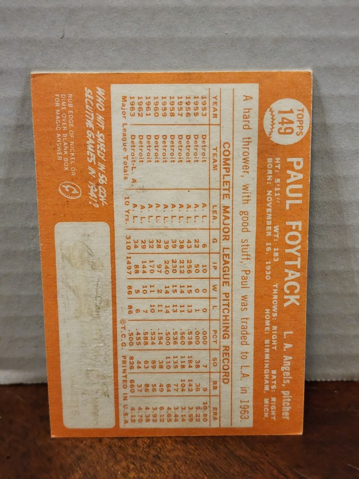 Paul Foytack #149 Topps 1964 Baseball Card NRMT | eBay