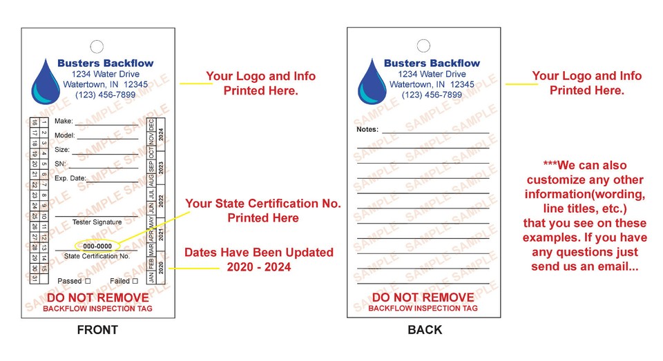 Backflow Inspection Tags - Custom Print - Waterproof - UV Resistant ...