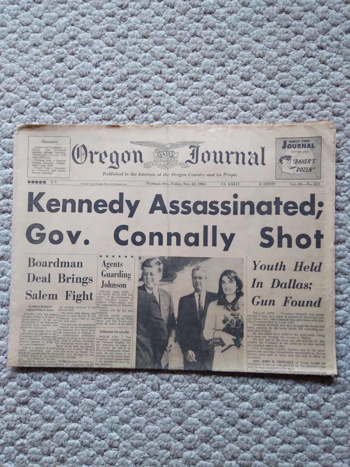 John F Kennedy Assassination Oregon Journal Newspaper Friday November ...