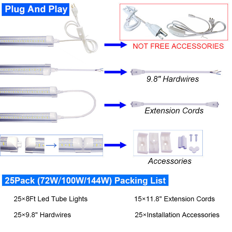 25Pack 8Ft Tube Led Lights, 8 Foot Led Strip Lights For Garage Ceiling ...