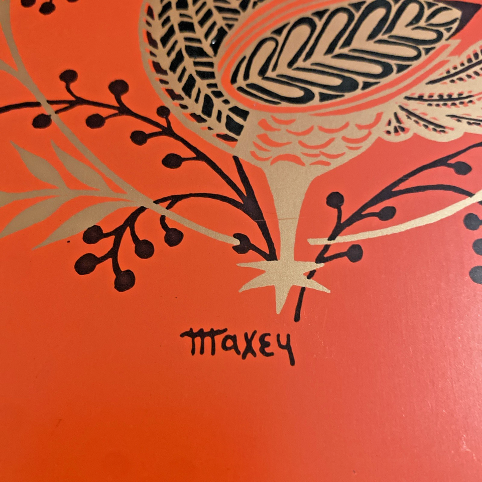 Vintage Maxey Tray Red Gold Black Peacock Folk Art Metal 13"x13" MCM | eBay