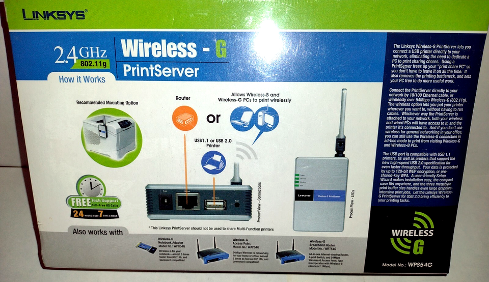 Linksys Print Server Wireless-G For USB 1.1 or 2.0 2.4GHz 802.11g NEW ...