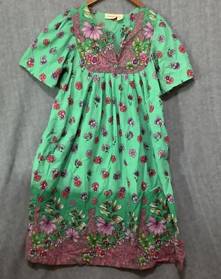 Loungees House Dress Women Green Floral Pocket Muumuu Hawaiian Small ...