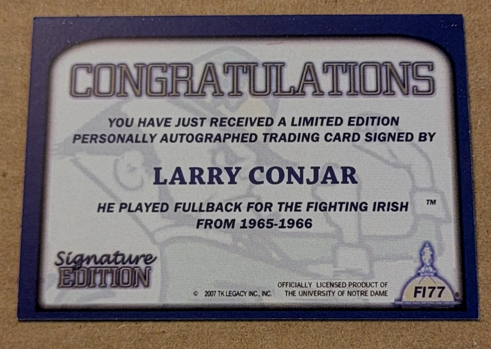 TK Legacy Notre Dame FI77 Larry Conjar Autograph Auto | eBay