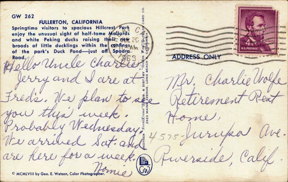 Ducks Hillcrest Park Fullerton California vintage postcard s291 | eBay