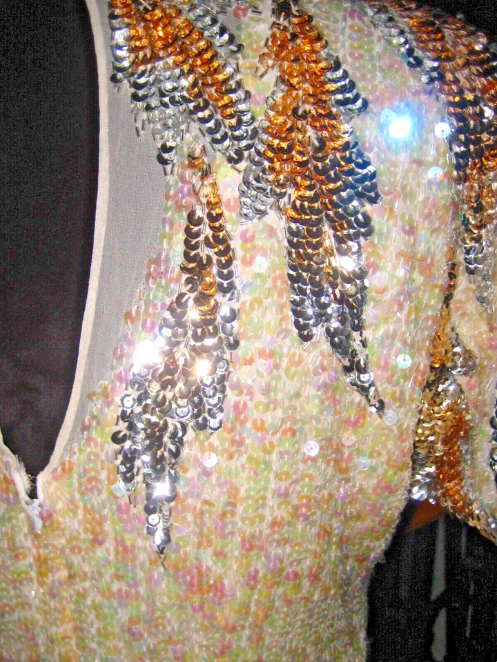 Vintage 1980 cream sequins/beads jagged sleeves/hem mesh neckline ...