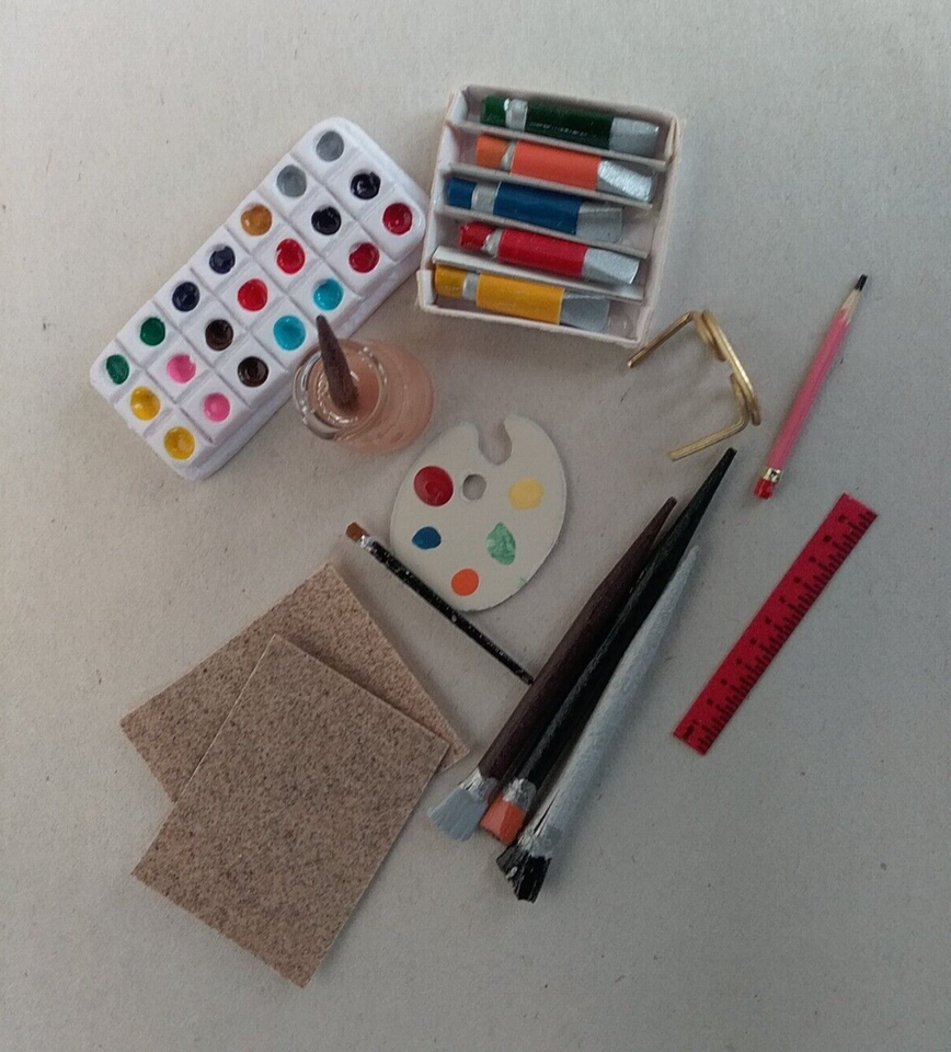Dollhouse Miniature Artist Studio Table Filled Painting Supplies 1:12 ...