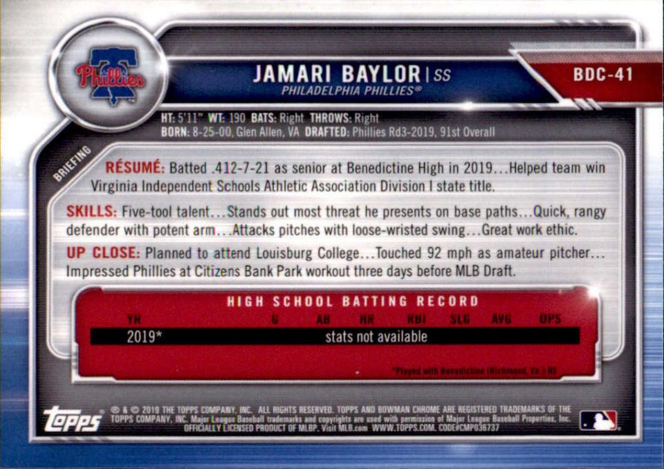 2019 Bowman Draft Chrome#BDC-41 Jamari Baylor Philadelphia Phillies | eBay