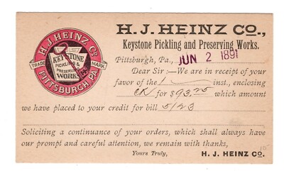H.J. HEINZ 1891 UX9 AD POSTAL CARD PITTSBURGH PA PICKLING & PRESERVING ...
