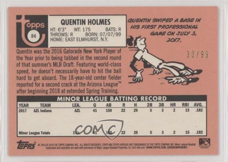 2018 Topps Heritage Minor League Edition Blue /99 Quentin Holmes #84 | eBay