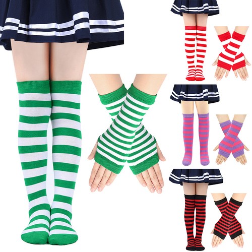 Women Striped Over Knee High Long Socks Arm Warmer Fingerless Gloves ...