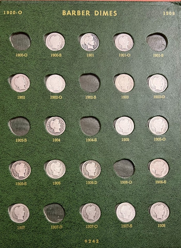 1892-1916 BARBER DIMES SET, 74 COINS, MANY KEY DATE GREEN WHITMAN ...