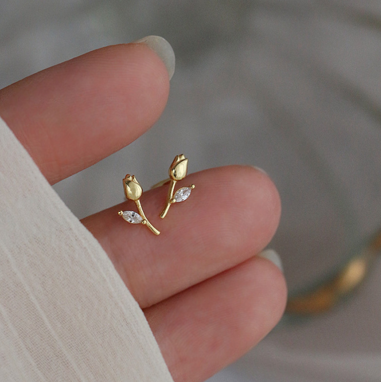 Gold Plated Sterling Silver Tiny Turnip Flower Leaf CZ Stud Earrings ...