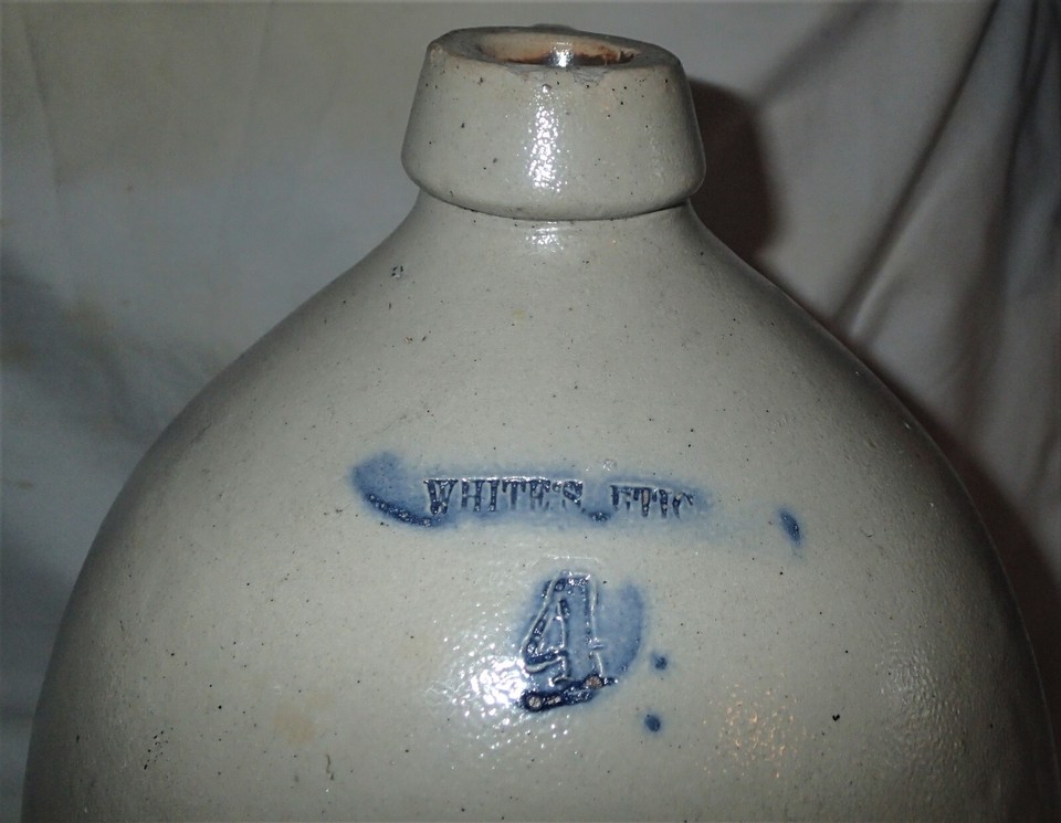 ANTIQUE PRIMITIVE USA STONEWARE BLUE BIRD CROCK WHITES UTICA N.Y. SALT ...