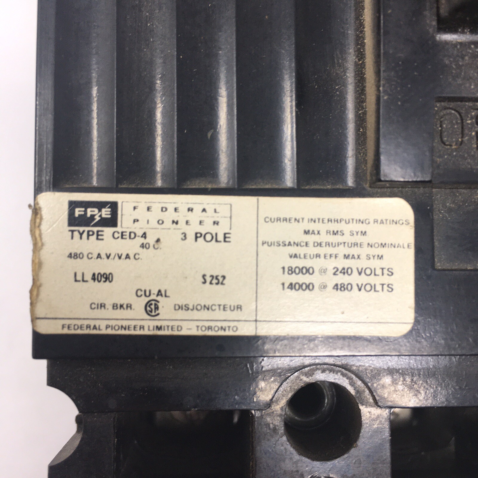Federal Pioneer FPE CED-4 100A 480Vac 3P Circuit Breaker CED Frame ...