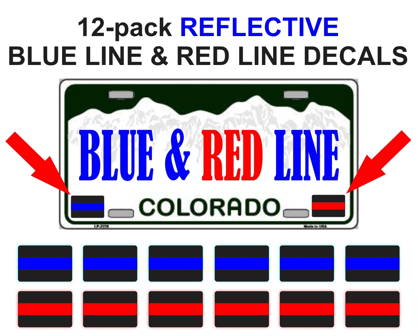 12x REFLECTIVE THIN RED - BLUE LINE License Plate Decals Stickers ...