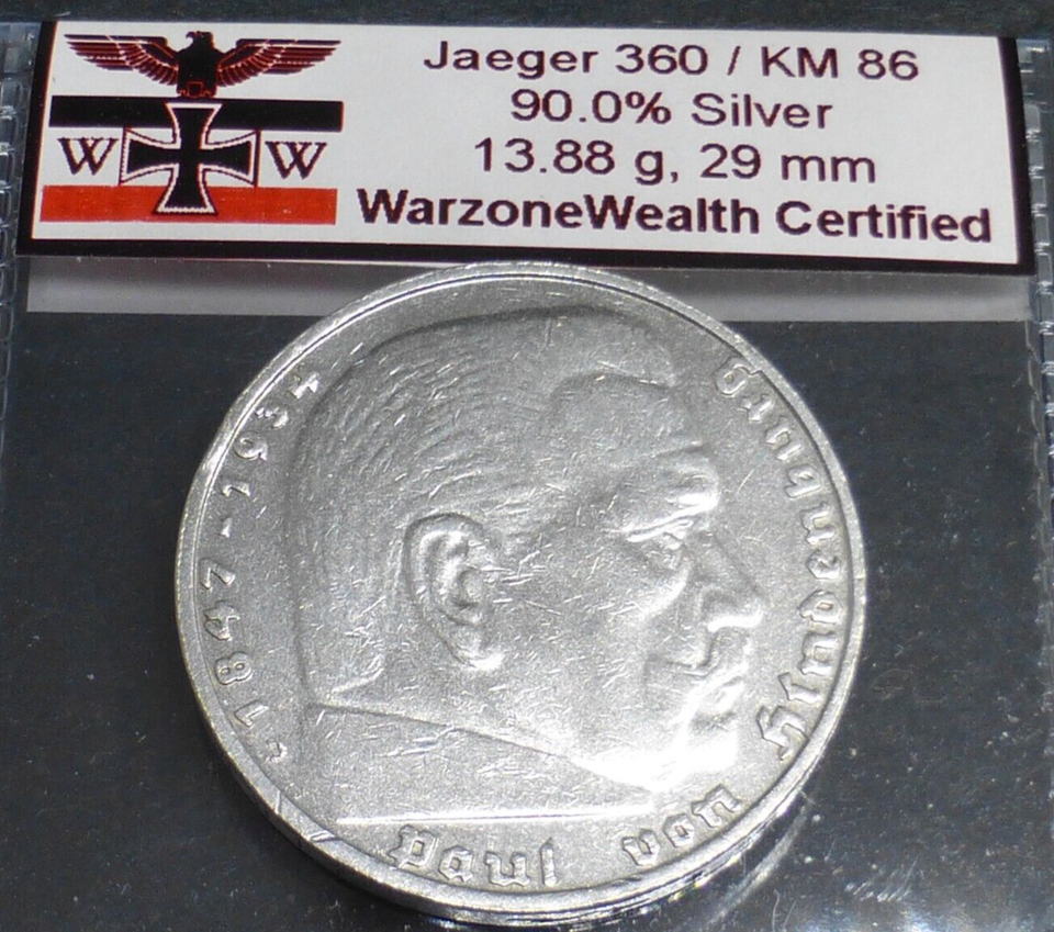 Nazi Silver Coin 5 Reichsmark Third Reich Germany Beautiful Hindenburg ...