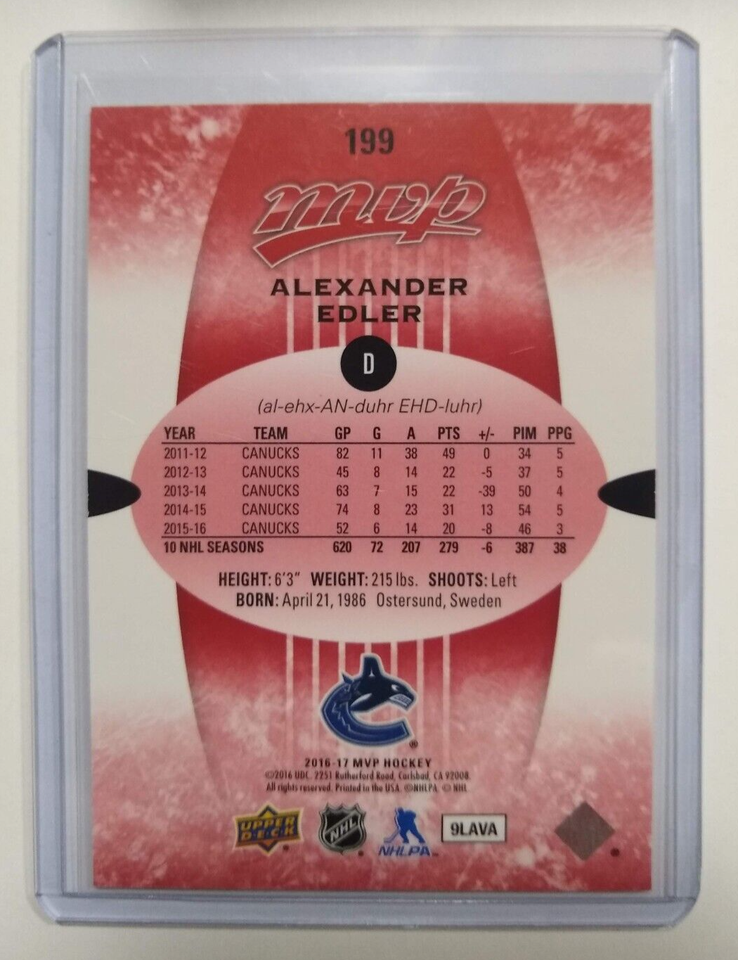 2016-17 UD MVP Alexander Edler Super Script #ed 3/25 Vancouver Canucks ...
