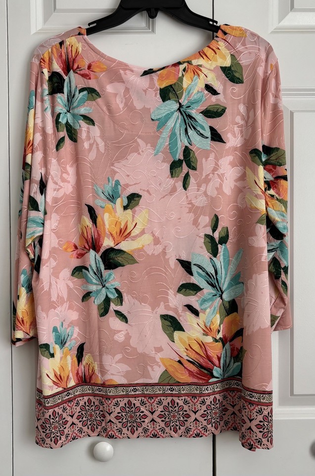 JM COLLECTION WOMEN'S TOPS JACQUARD PINK FLORAL 3/4 SLEEVE SIZE 4X ...