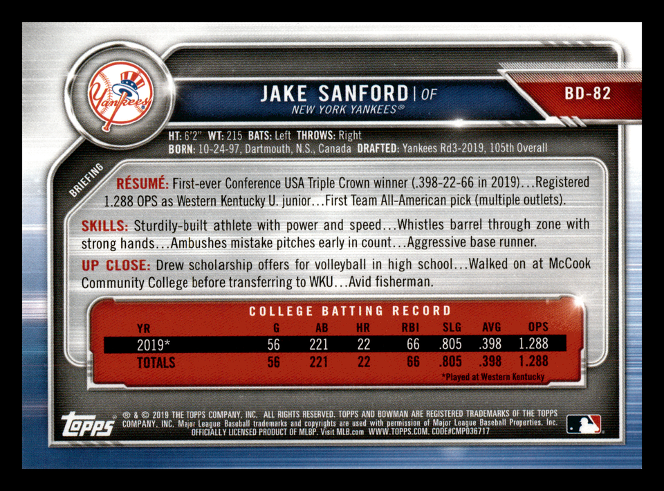 2019 1st Bowman Draft Jake Sanford New York Yankees #BD-82 Mint | eBay