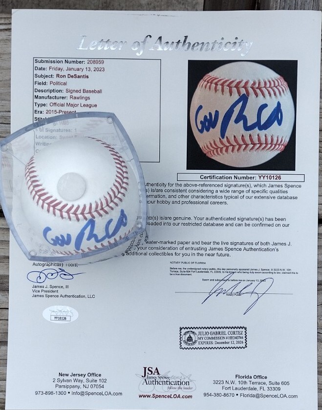 Ron Desantis Governor Signed Autographed MLB FLORIDA Baseball 2024? JSA ...