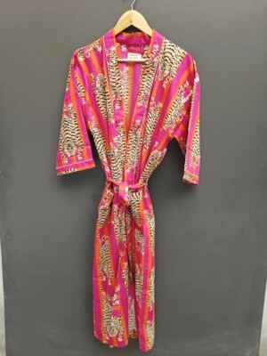 Indian Cotton Large Tiger Pink Kimono Night Gown Night Robes Women's ...