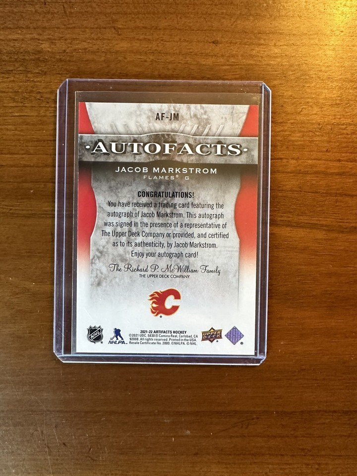 2021-22 Artifacts Autofacts AUTOGRAPH #AFJM Jacob Markstrom Flames ...