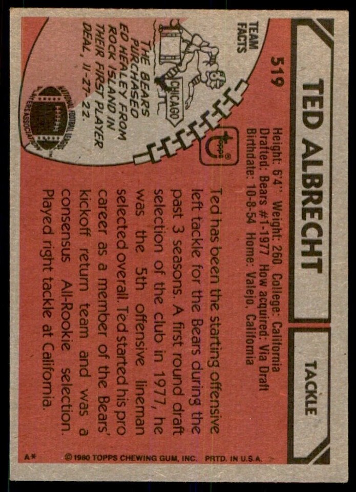 1980 TOPPS TED ALBRECHT CHICAGO BEARS #519* | eBay