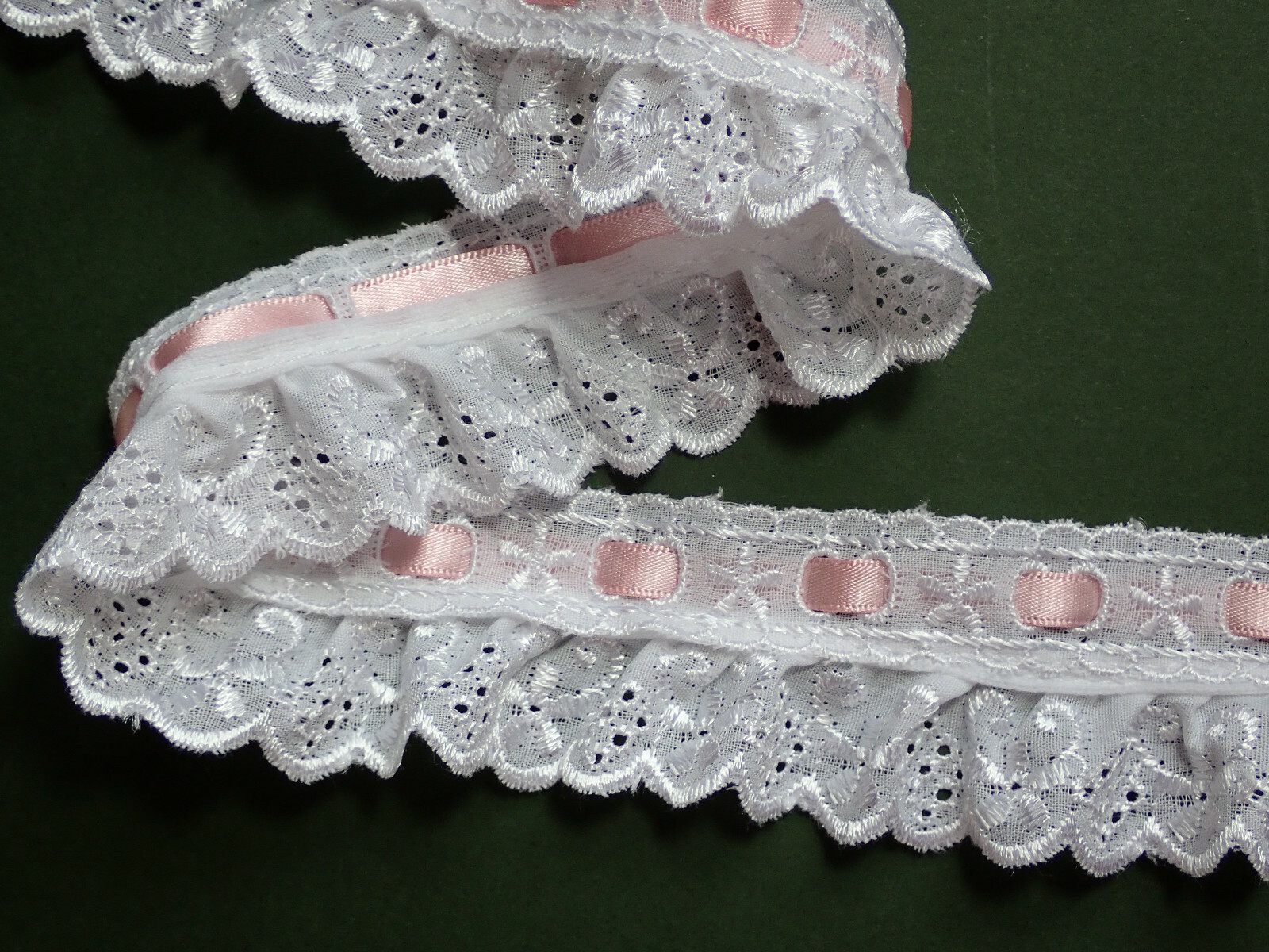 White Gathered Broderie Anglaise Satin Ribbon Slot Lace Trim 1.5"/4cm ...