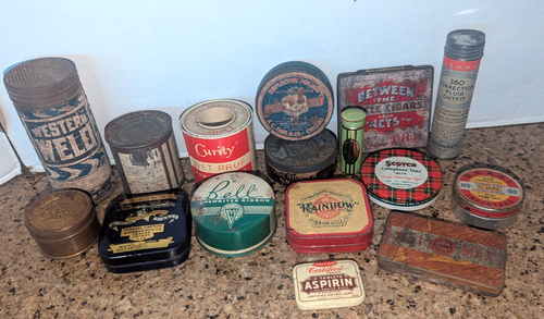 Lot of 16 Old Vintage Advertising Tins tobacco tums aspirin first aid ...