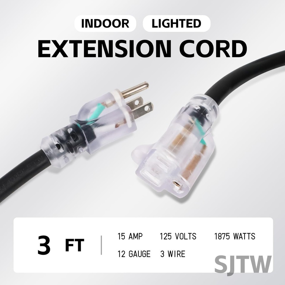 3 Ft Outdoor Extension Cord 12/3 Sjtw Heavy Duty Waterroof Ower Cable 3 ...