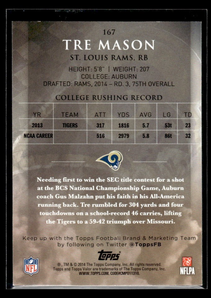 2014 Topps Valor #167 Tre Mason 479/499 Rookie Strength St. Louis Rams ...