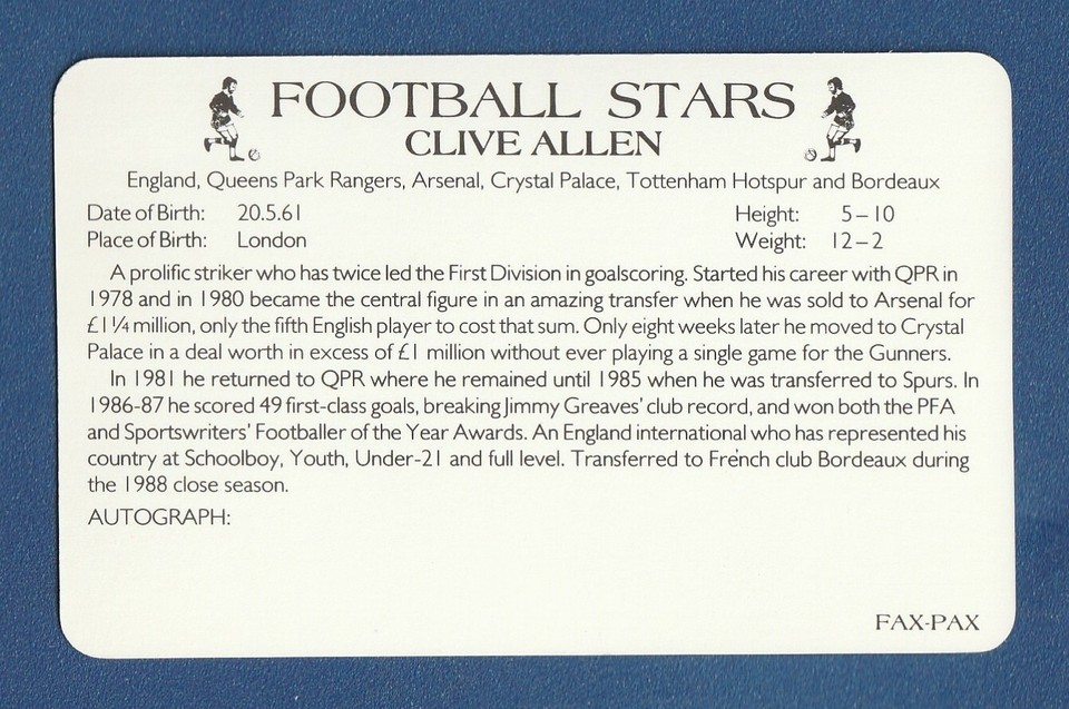 CLIVE ALLEN 1989 Fax-Pax Soccer Card Football England BORDEAUX Crystal ...