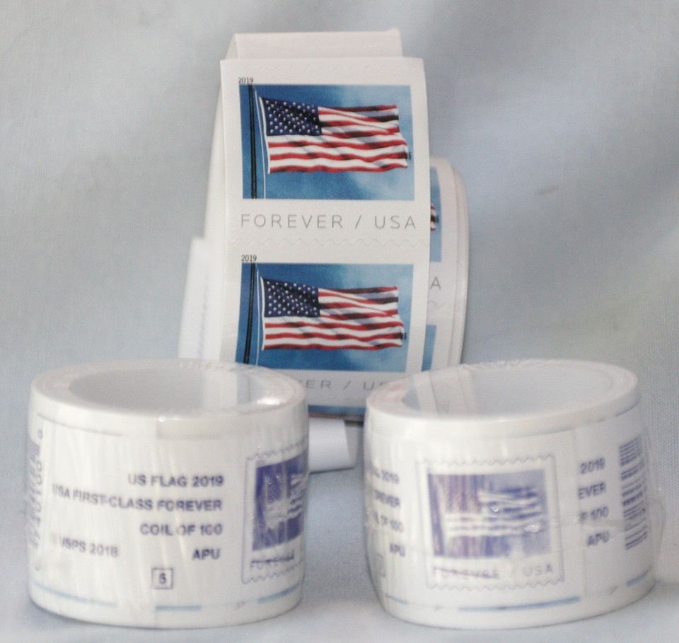 2 Coils of 100 USPS Forever Stamps US Flags First Class Postage Rolls ...