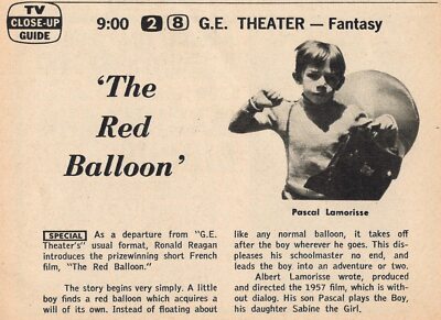 1961 TV AD ~ THE RED BALLOON PASCAL LAMORISSE CHILD ACTOR G.E.THEATER ...