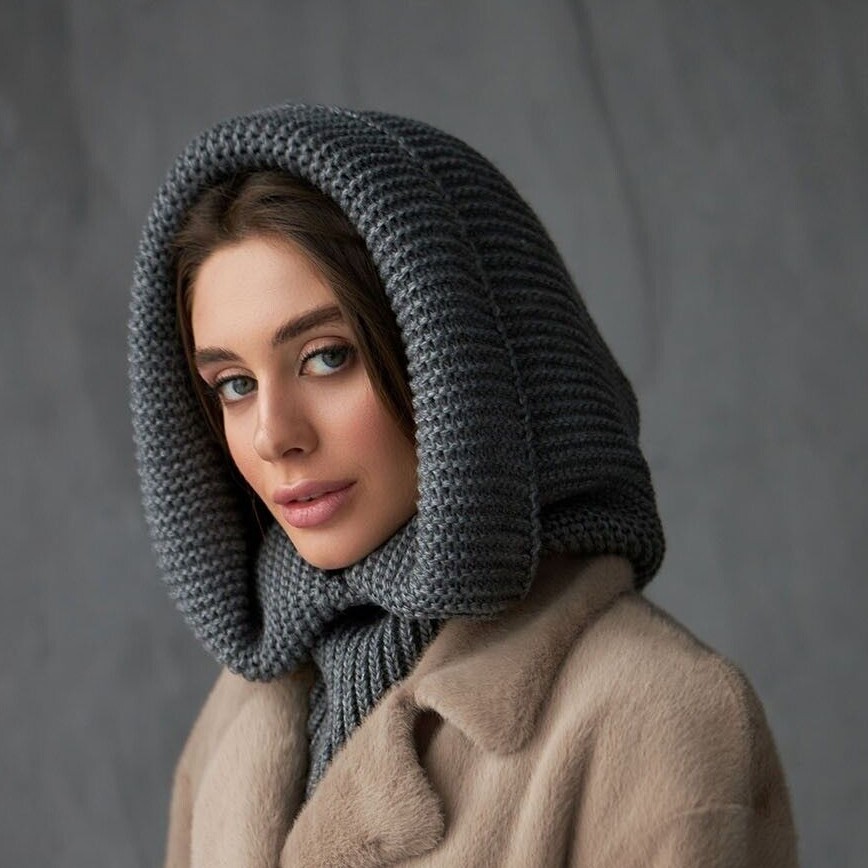 Beige Hooded Scarf Knit Hoodie Scarves Womens Snood Hooded Cowl Wool ...