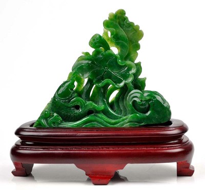 Natural Green Nephrite Jade Lotus Flower & Koi Fish Statue Sculpture ...