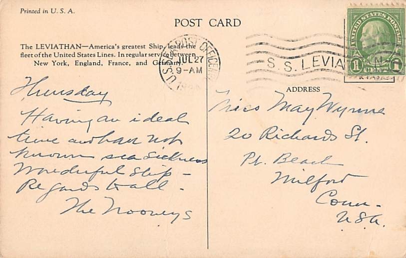 SS LEVIATHAN at SEA ~ used U. S. Sea Post Office Ship Cancel July 27 ...