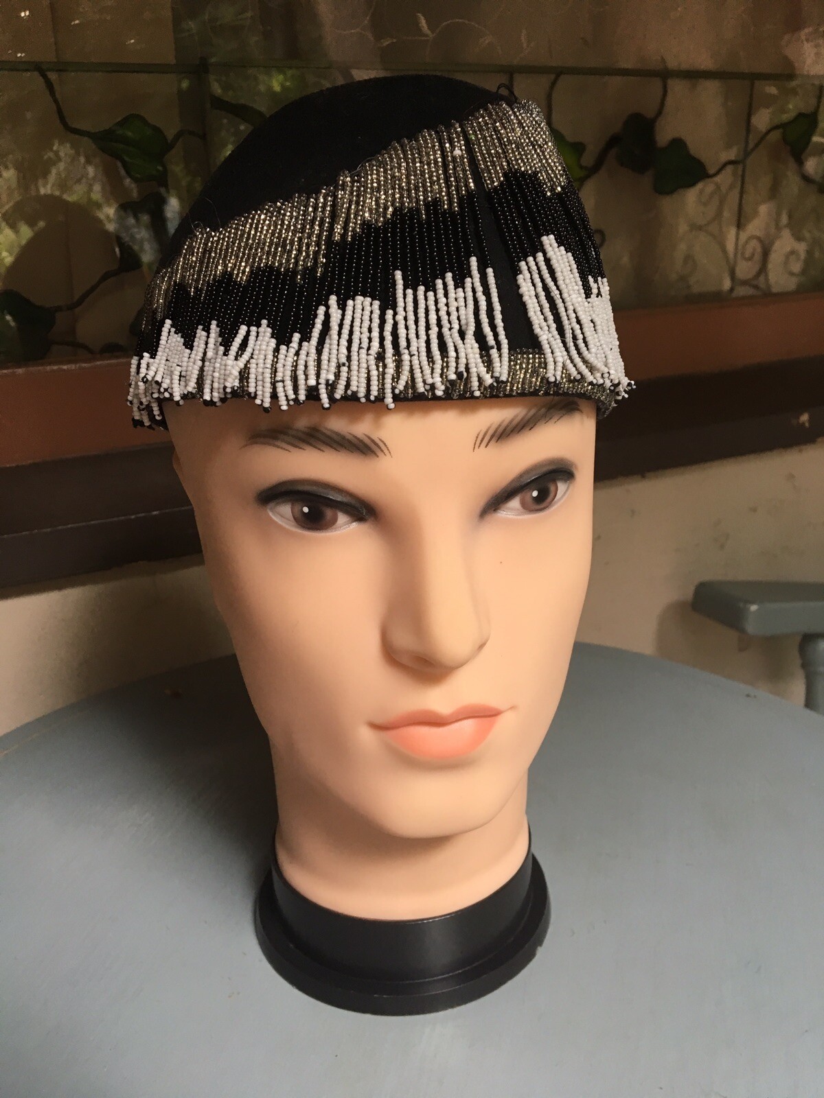 ART DECO BEADED SKULL CAP Hat Black White Beads 1920s Flapper-Cleopatra ...
