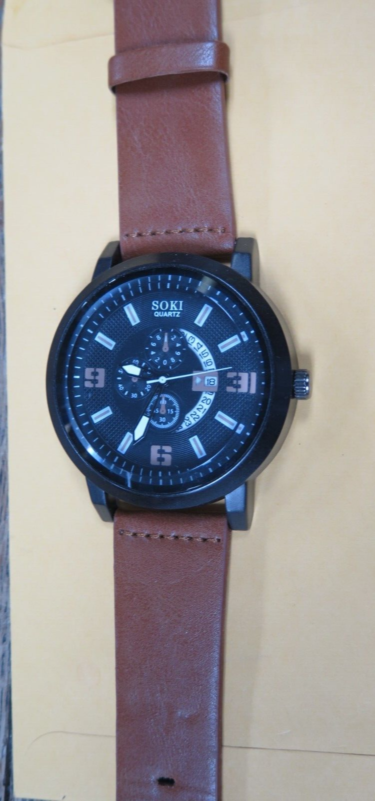 Soki Men's Quartz Watch Round Black Tone Brown Leather Works | eBay