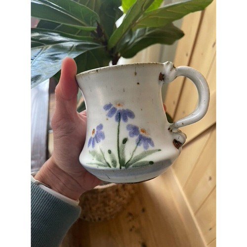 Signed pottery coffee mug Gray with painted flowers cottage core EUC | eBay