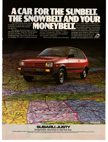Subaru Justy 4WD Hatchback Car 1988 Vintage Print Ad Original Man Cave ...