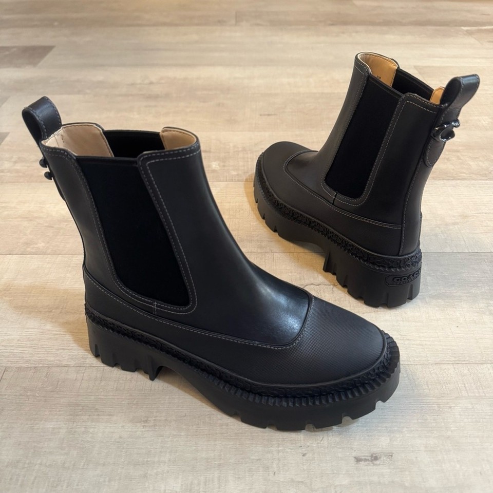 COACH Women's Jayla Black Leather Logo Pull-on Chelsea Booties Size 6.5 ...