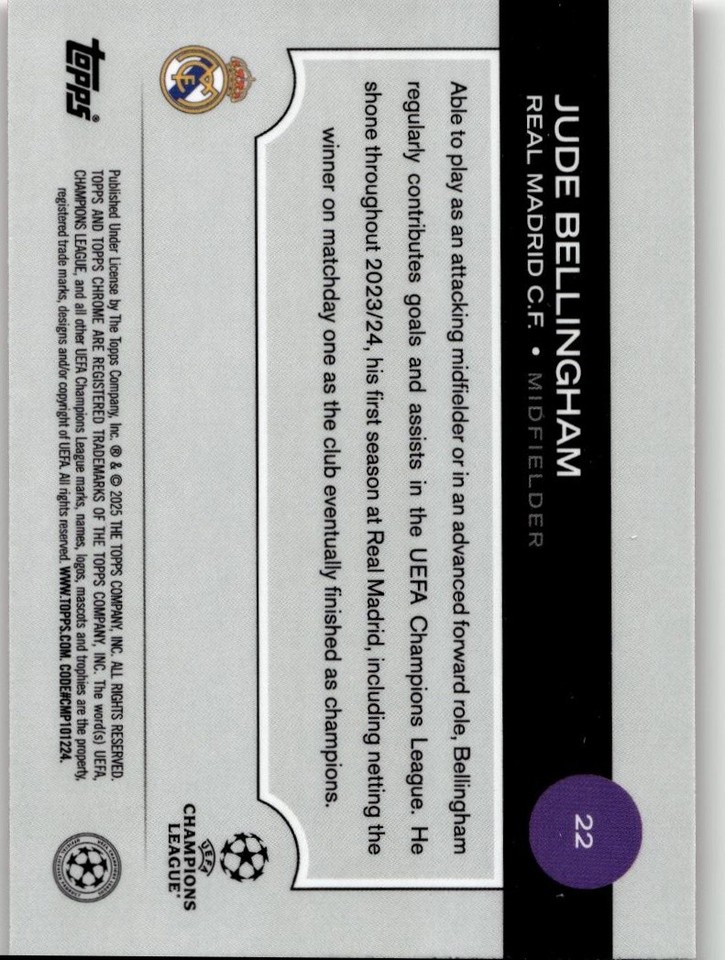 2025 Topps UEFA Club Competitions Jude Bellingham #22 Pink Refractor ...