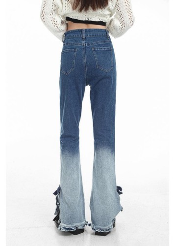 Hot Womens Denim High Waist Ruffles Side Slit Bow Knot Flare Pants ...