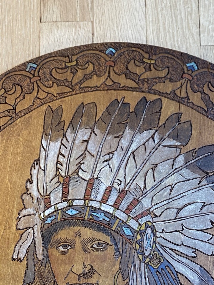 Massive Antique Pyrography Flemish Art 18" Plaque Native American Date ...