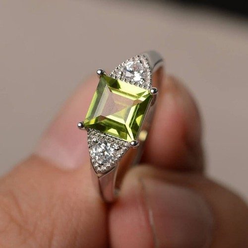 Princess Cut Natural Peridot 925 Sterling Silver Art Deco Cocktail Ring ...