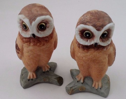 2 Mint 1960s Flambro Porcelain Bisque Big Eyed Hoot Brown Owls Owl ...