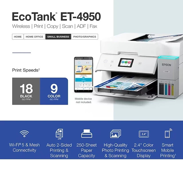 Epson EcoTank ET-4950 Wireless All-in-One Supertank Printer, White ...