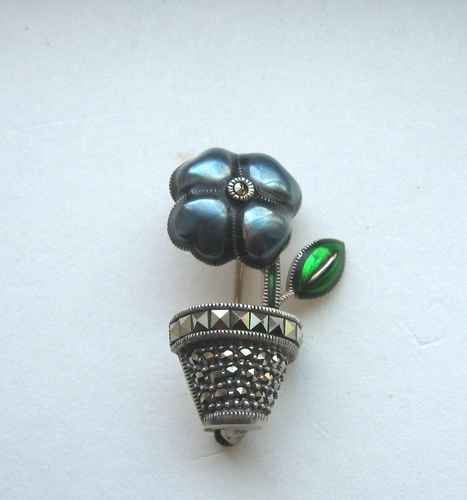 Judith Jack Sterling Silver Enamel Marcasite Plant Flower Pot Brooch ...